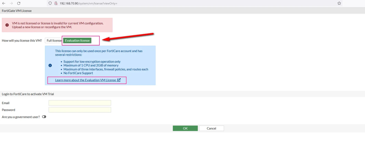 How do I activate the 60-day trial license on FortiGate-VM?